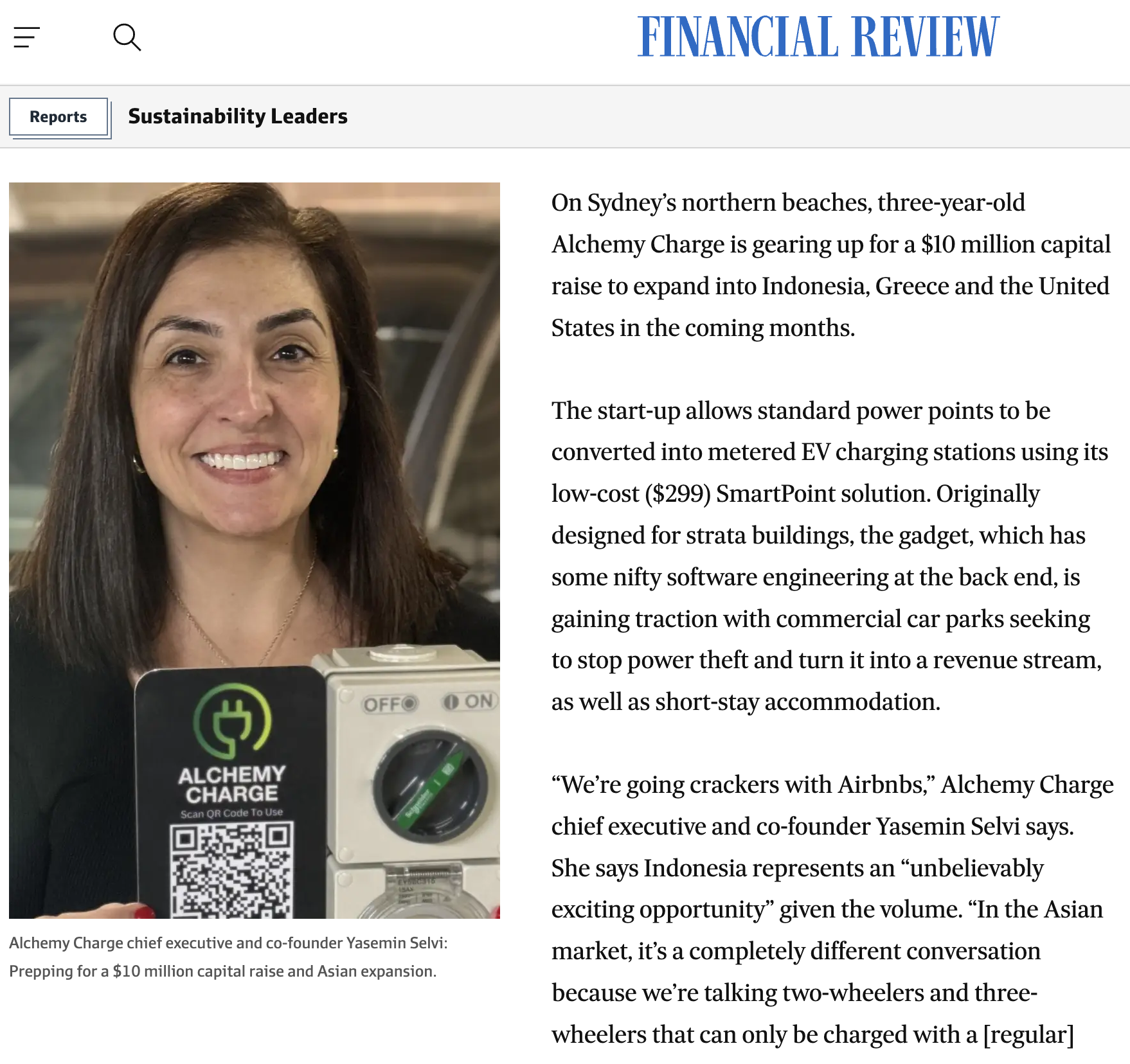 Alchemy Charge named as one of The Australian Financial Review's Sustainability Leaders for 2024